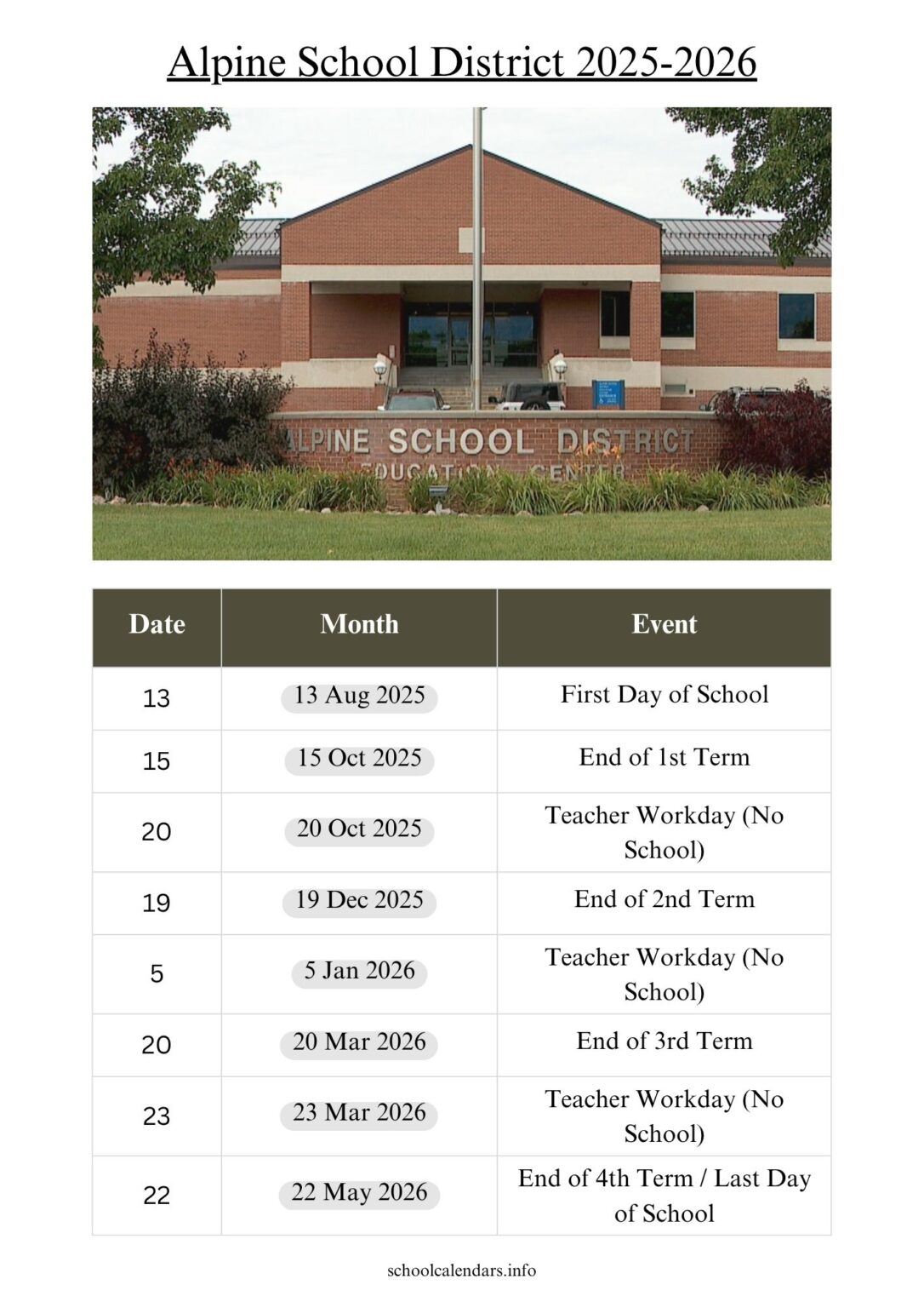 Alpine School District Calendar 2025-2026 [Holidays]
