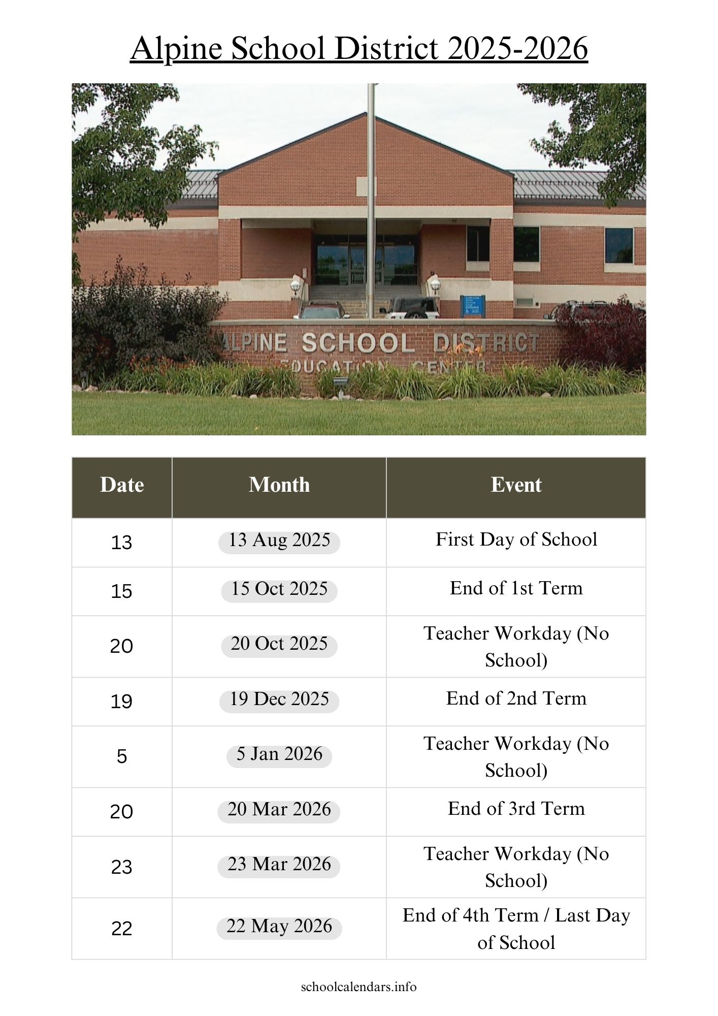 Alpine School District Calendar 2025-2026 [Holidays]